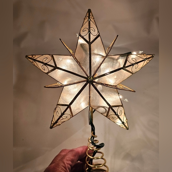 Holiday | Capiz Shell Lighted Star Tree Topper Wgold Metal Design Trim ...